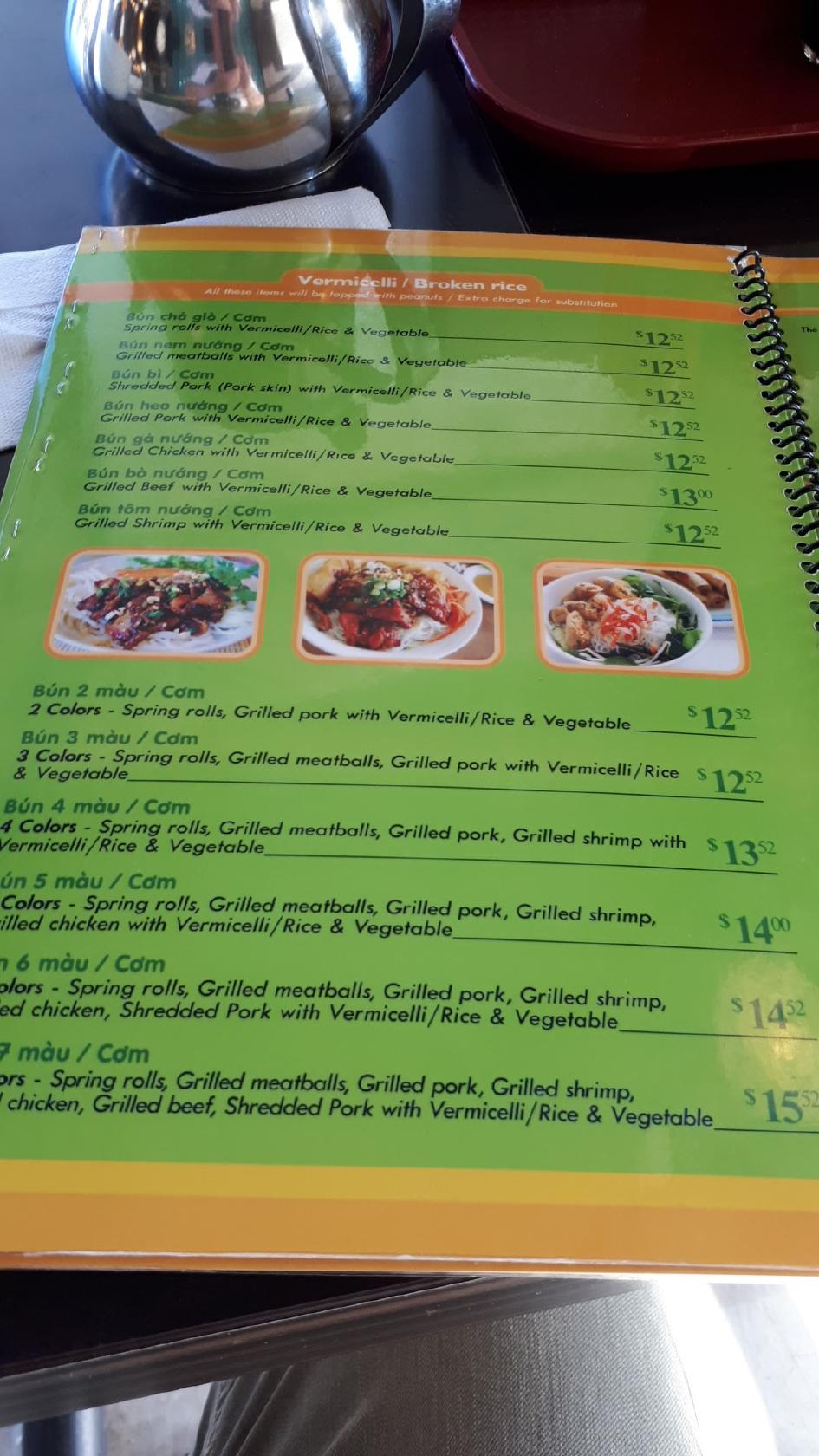 Menu at Pho 39 restaurant, Edmonton
