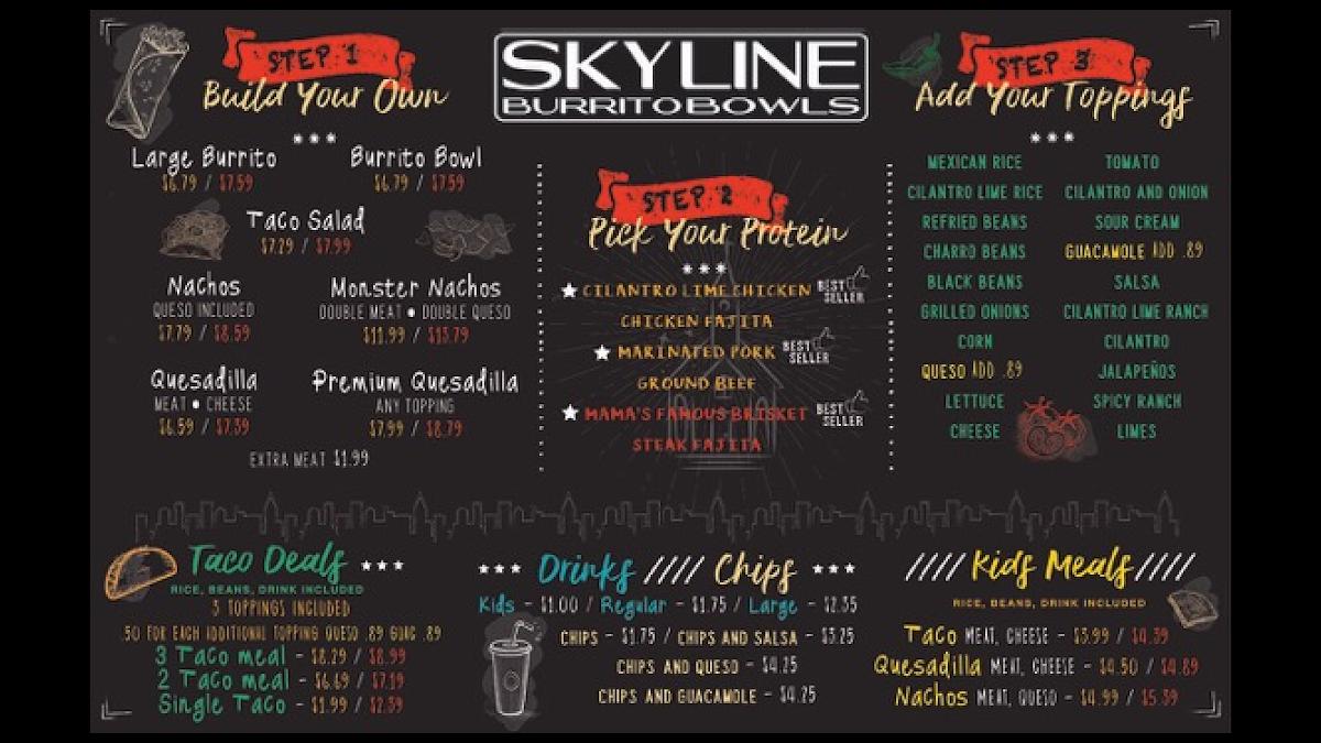 Menu at Skyline Burrito Bowls restaurant, Lufkin
