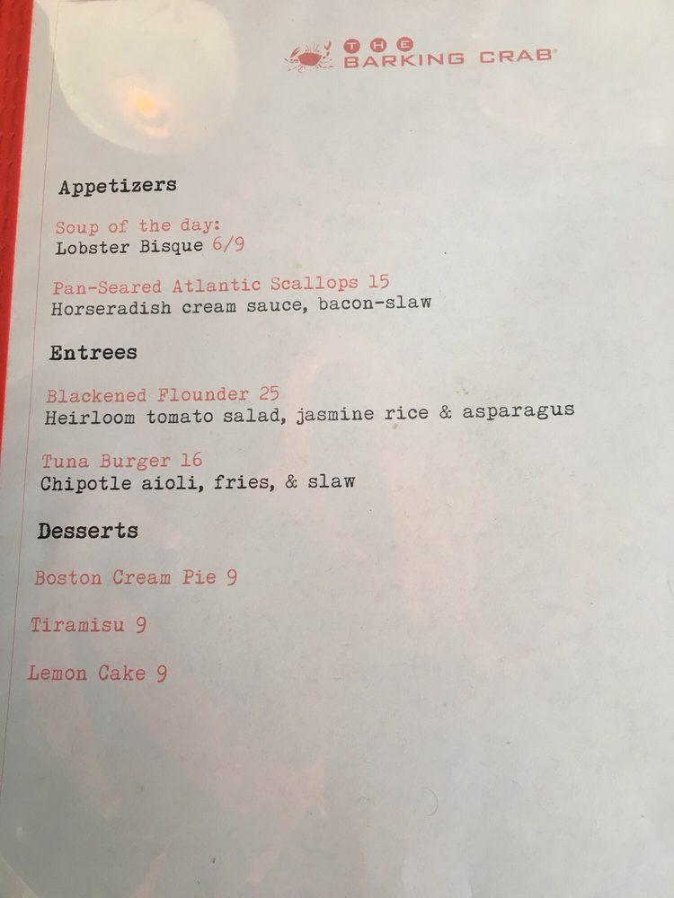 Menu at The Barking Crab, Boston