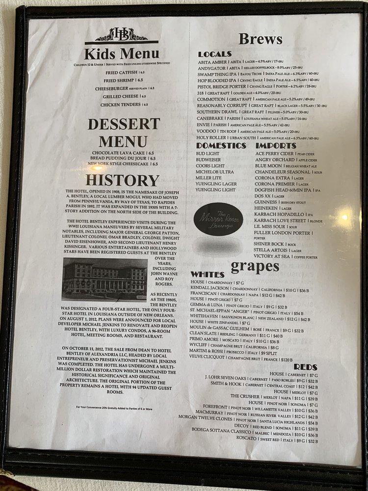 Menu at The Bentley Room restaurant, Alexandria