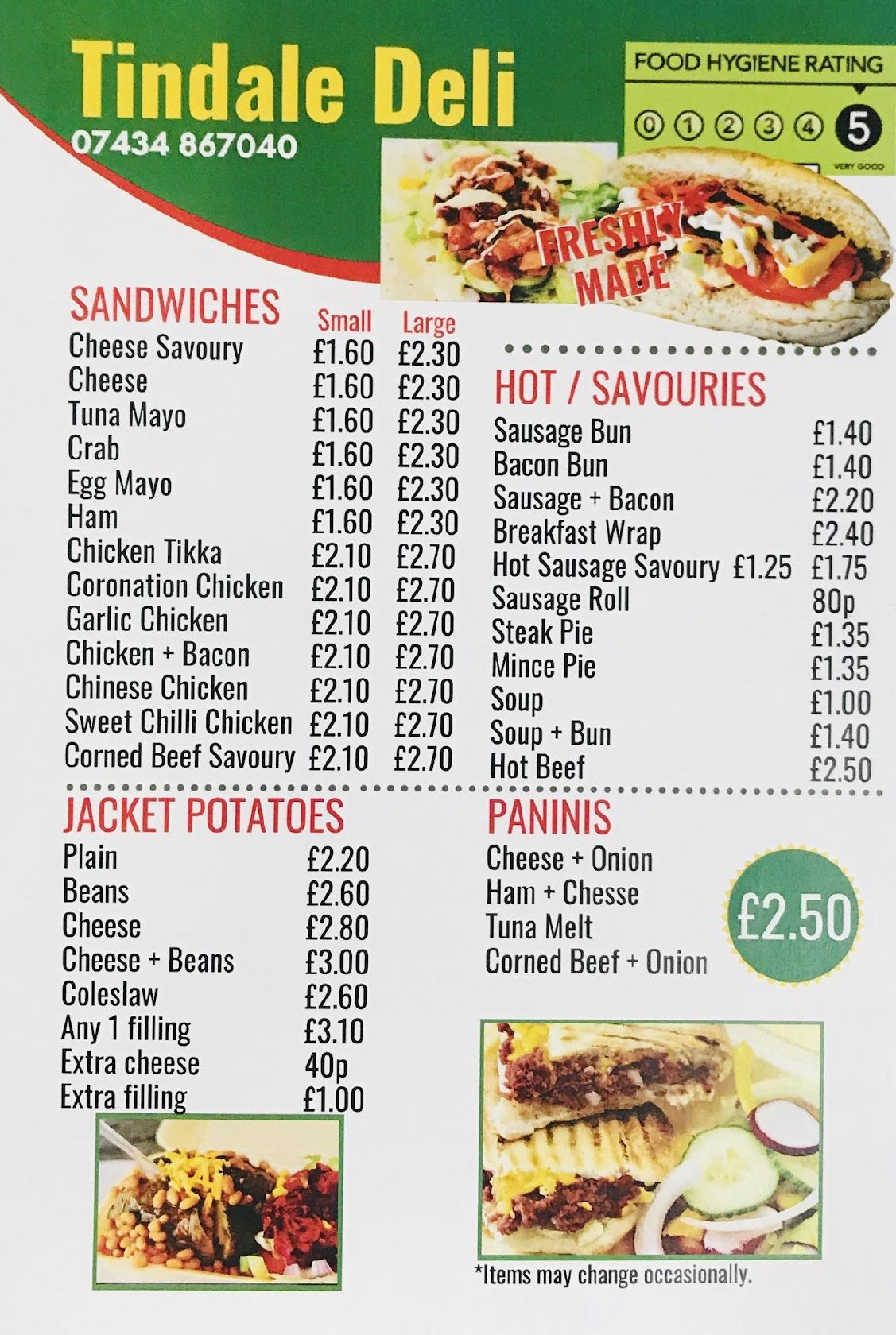 Menu at Tindale Deli fast food, Bishop Auckland