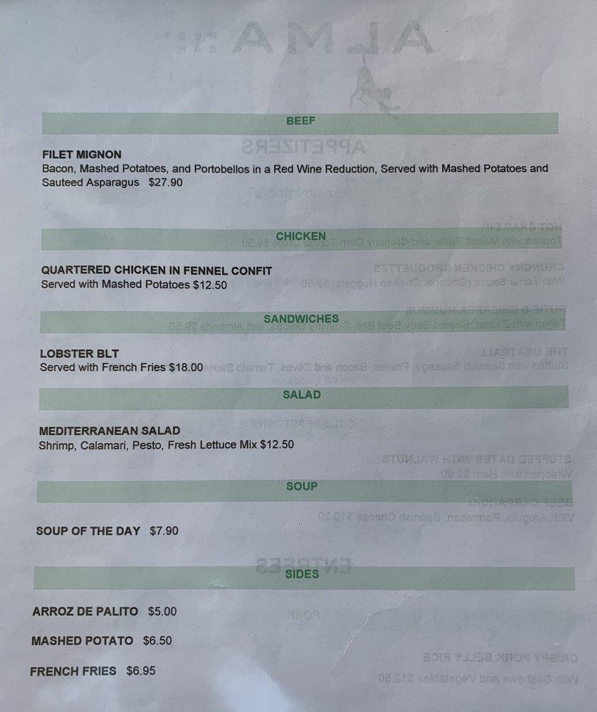 Menu at Alma pub & bar, Tampa