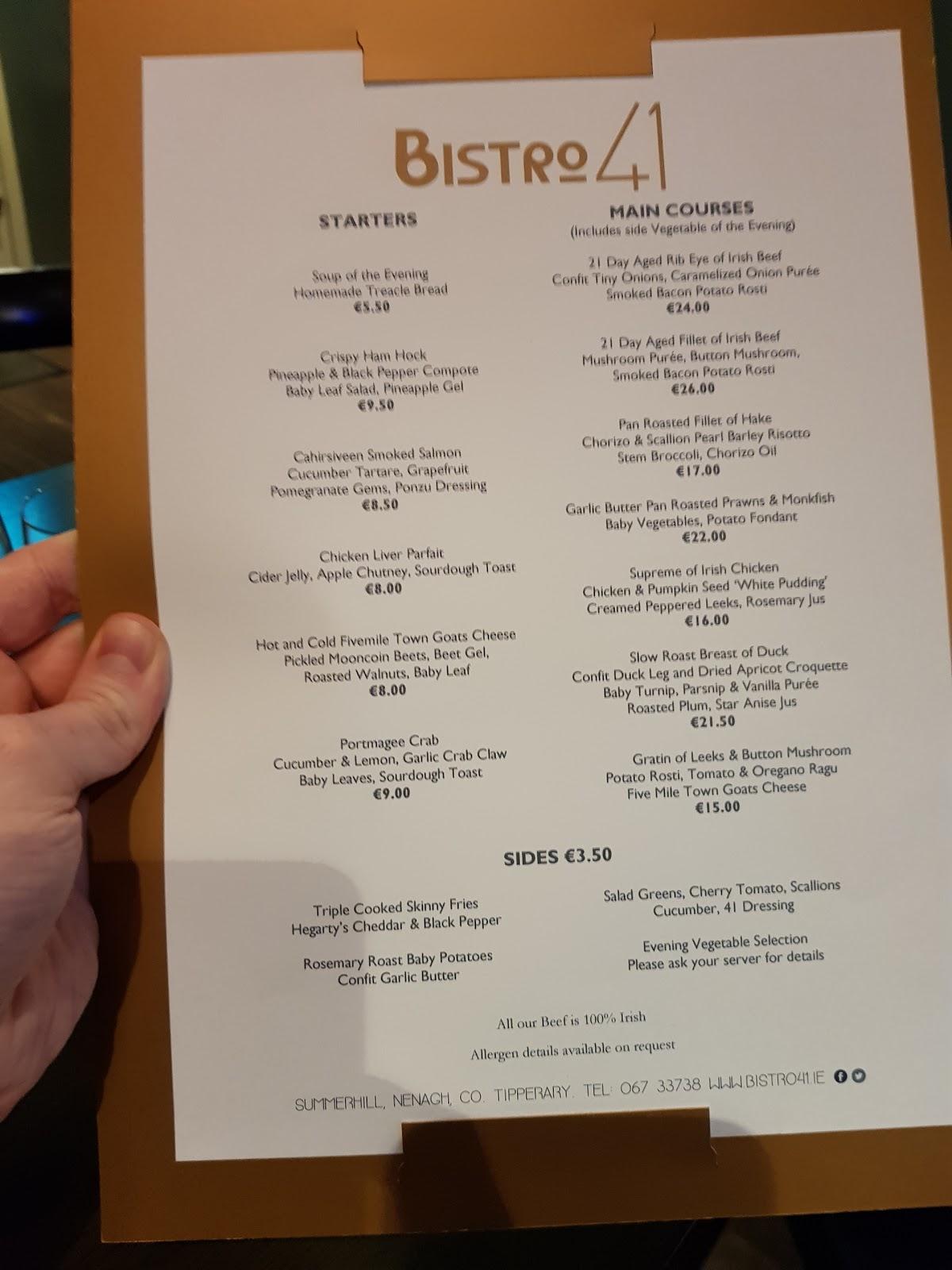 Menu at Bistro 41 restaurant, Nenagh