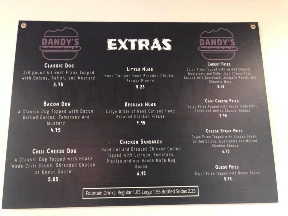 Menu at Dandy's Burgers restaurant, Kingsville