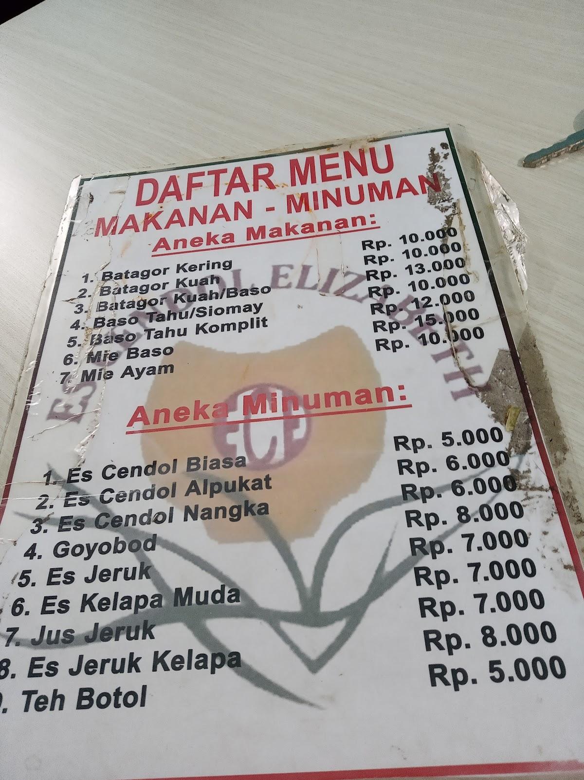 Menu at Es Cendol Elizabeth restaurant, Tasikmalaya