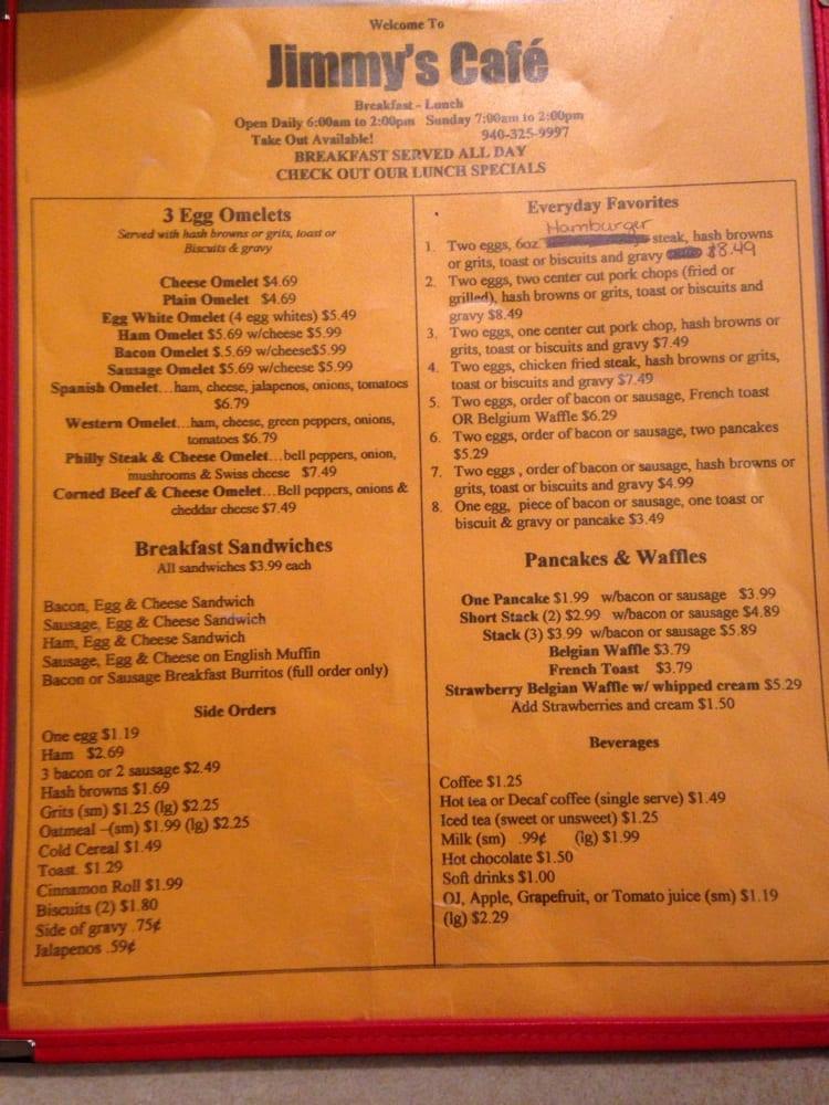 Menu at Jimmy's Cafe, Mineral Wells