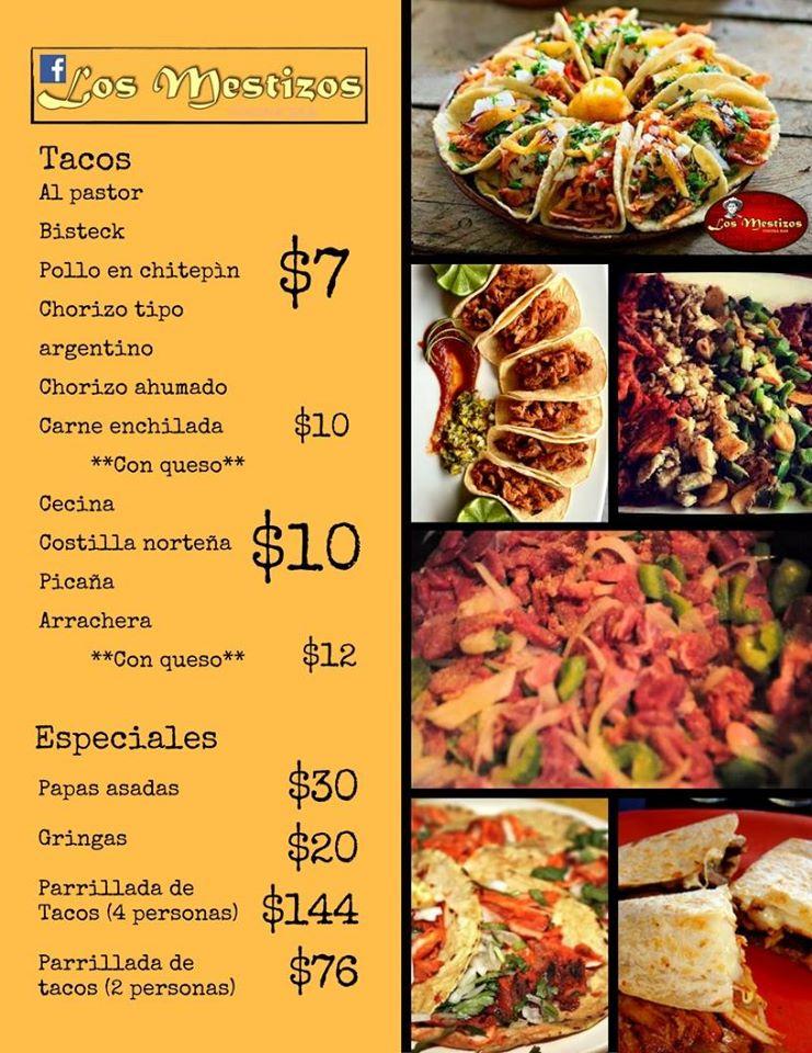 Menu at Los Mestizos pub & bar, Xicotepec de Juárez