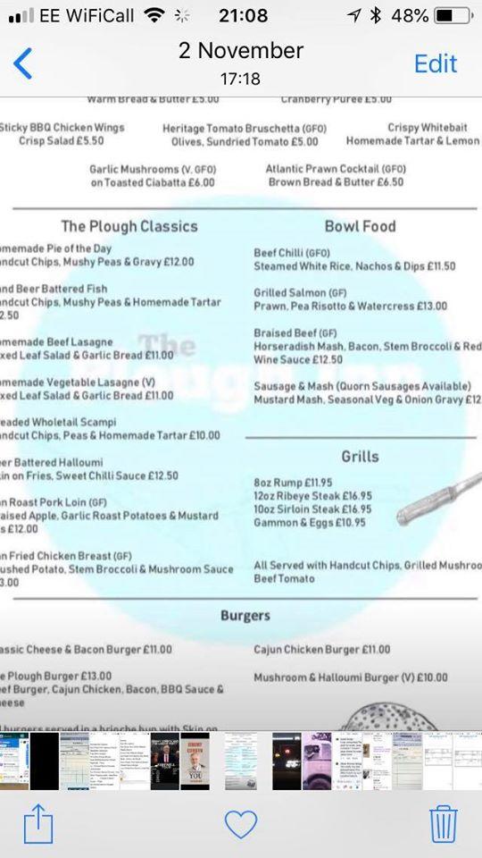 Menu at The Plough Inn at Brackenfield pub & bar, South Wingfield
