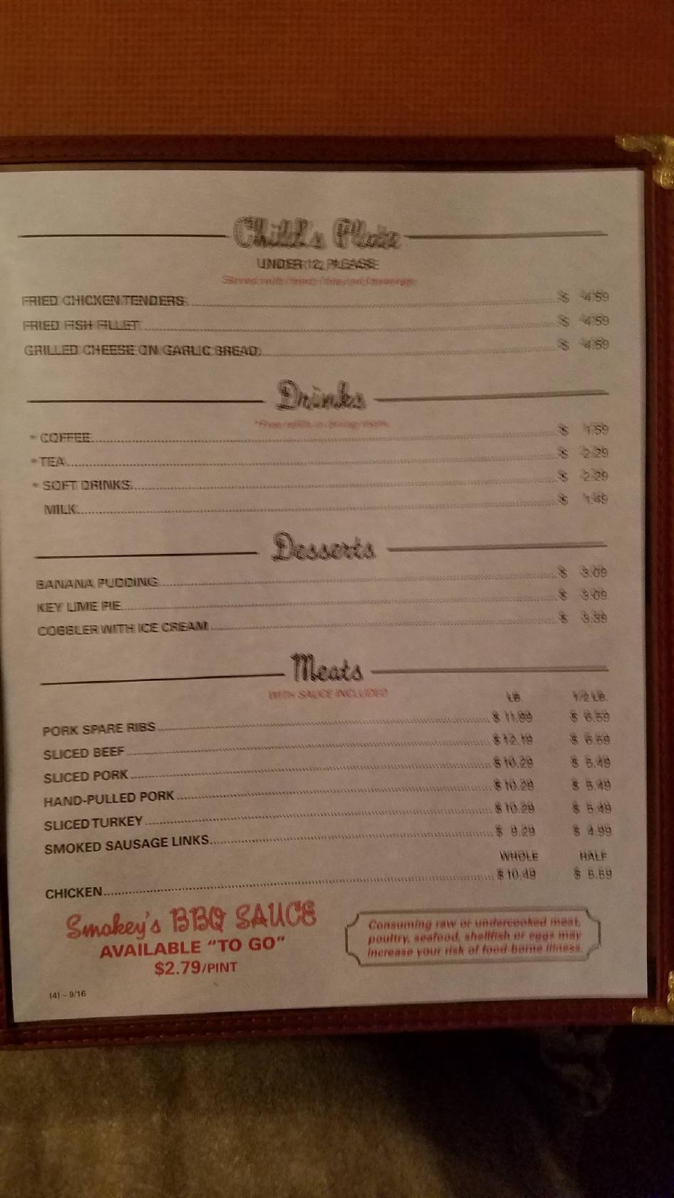 Menu at Smokey's BBQ, Pensacola, Pensacola Blvd