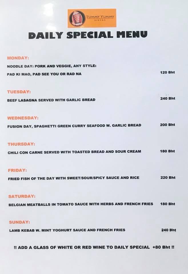 Menu at TUMMY YUMMY BISTRO restaurant, Ko Tao