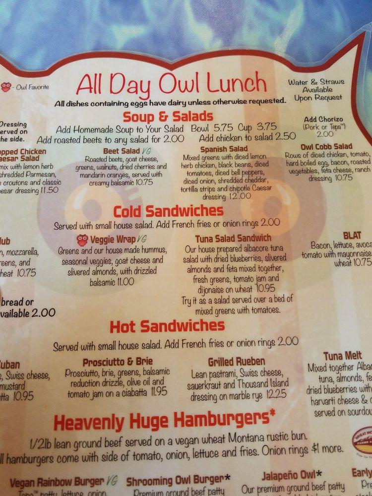 Menu at The Toasted Owl Cafe, Flagstaff