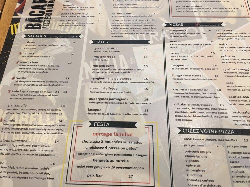 Menu at Bàcaro pizzeria, Westmount, Saint-Catherine St W