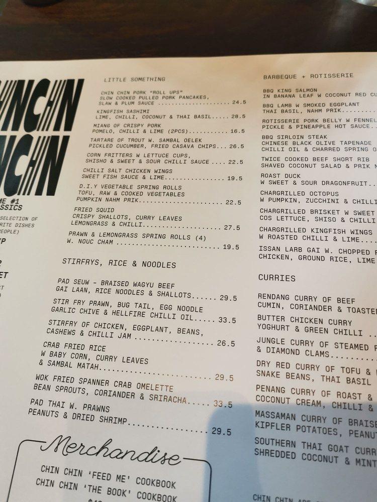 Menu at Chin Chin restaurant, Surry Hills