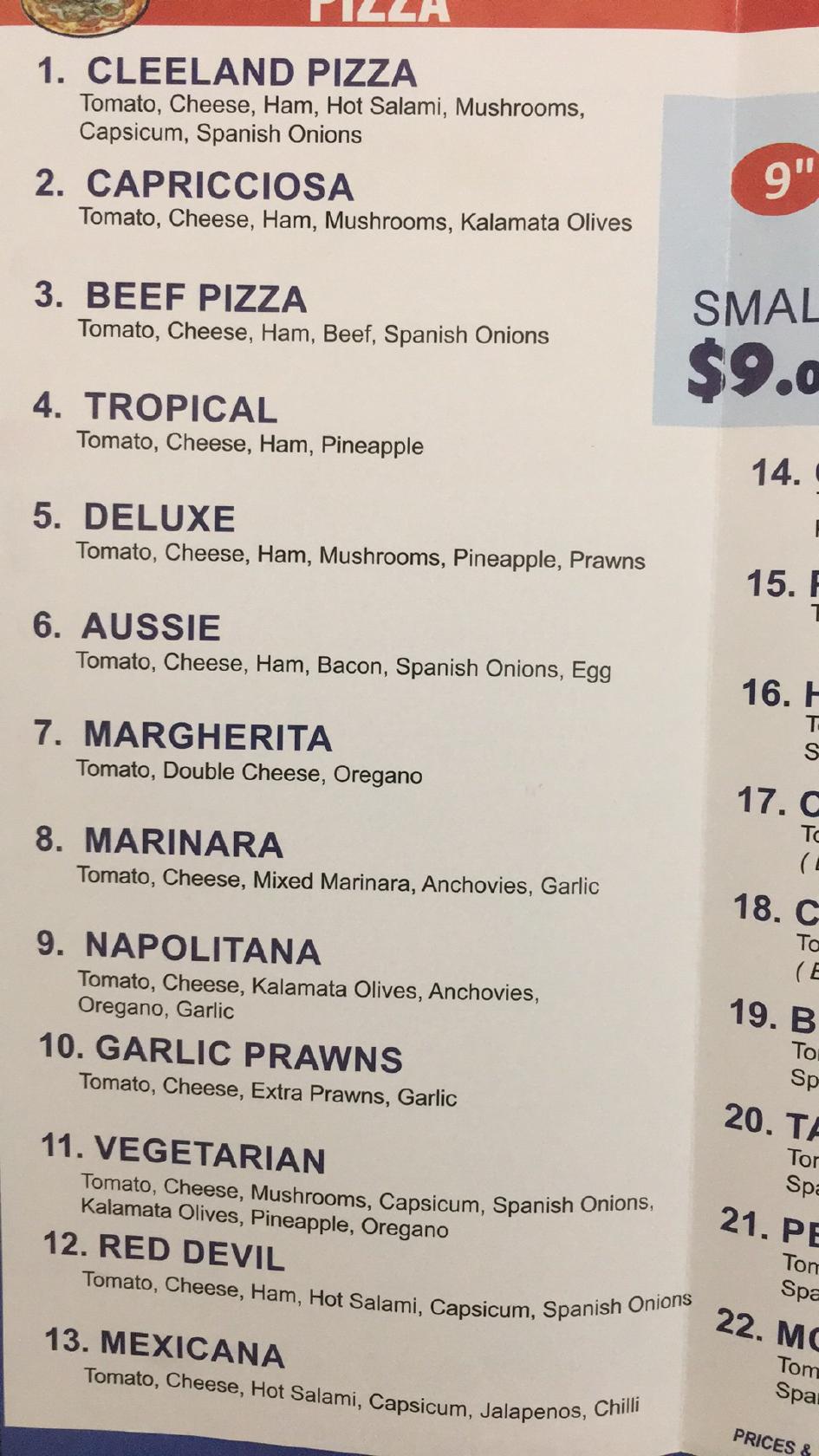 Menu at Cleeland Pizza House pizzeria, Dandenong