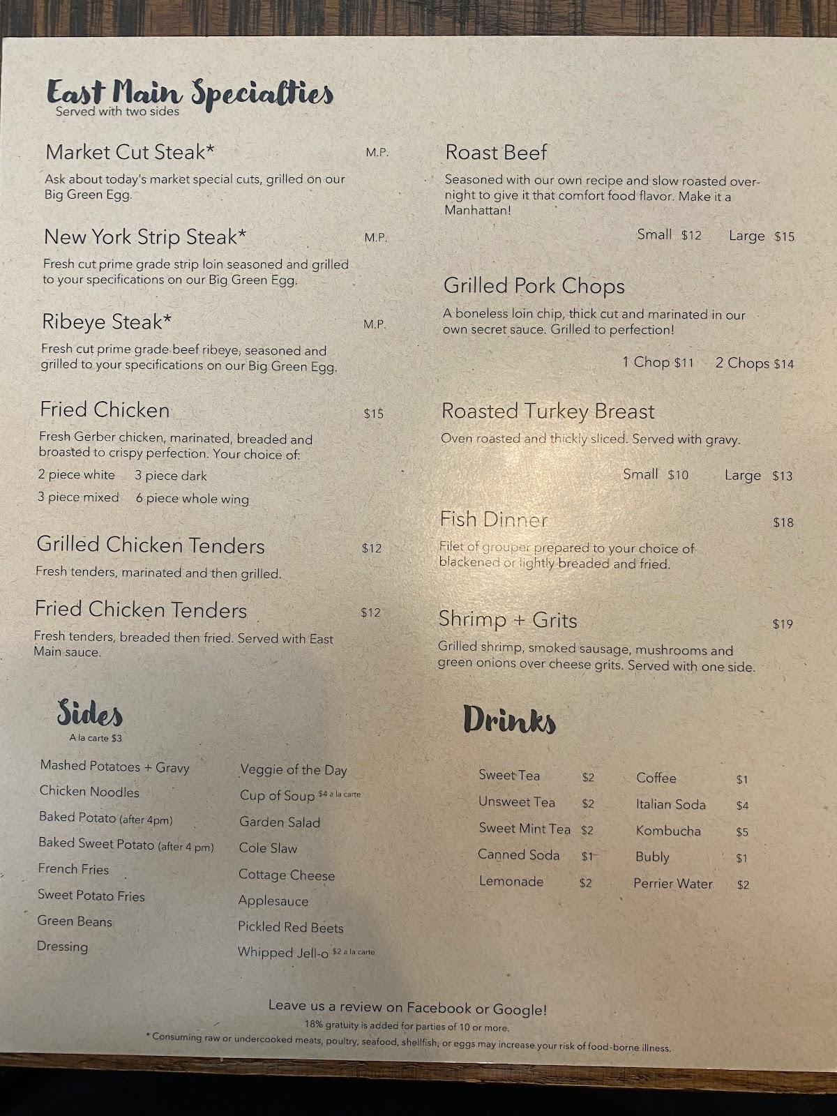 Menu at East Main Kitchen & Coffee restaurant, Baltic