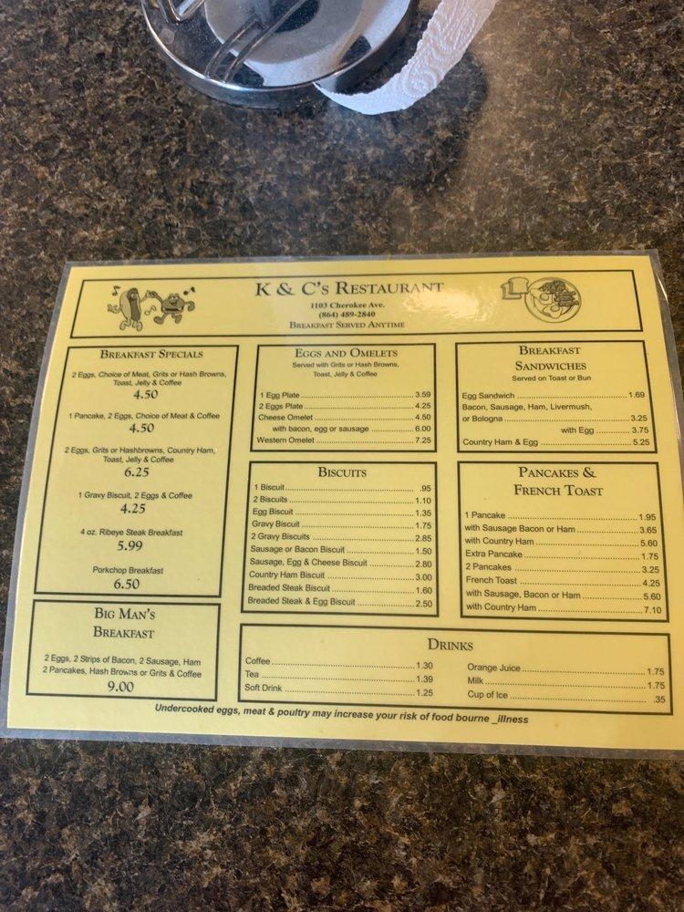 Menu at K & C Restaurant, Gaffney