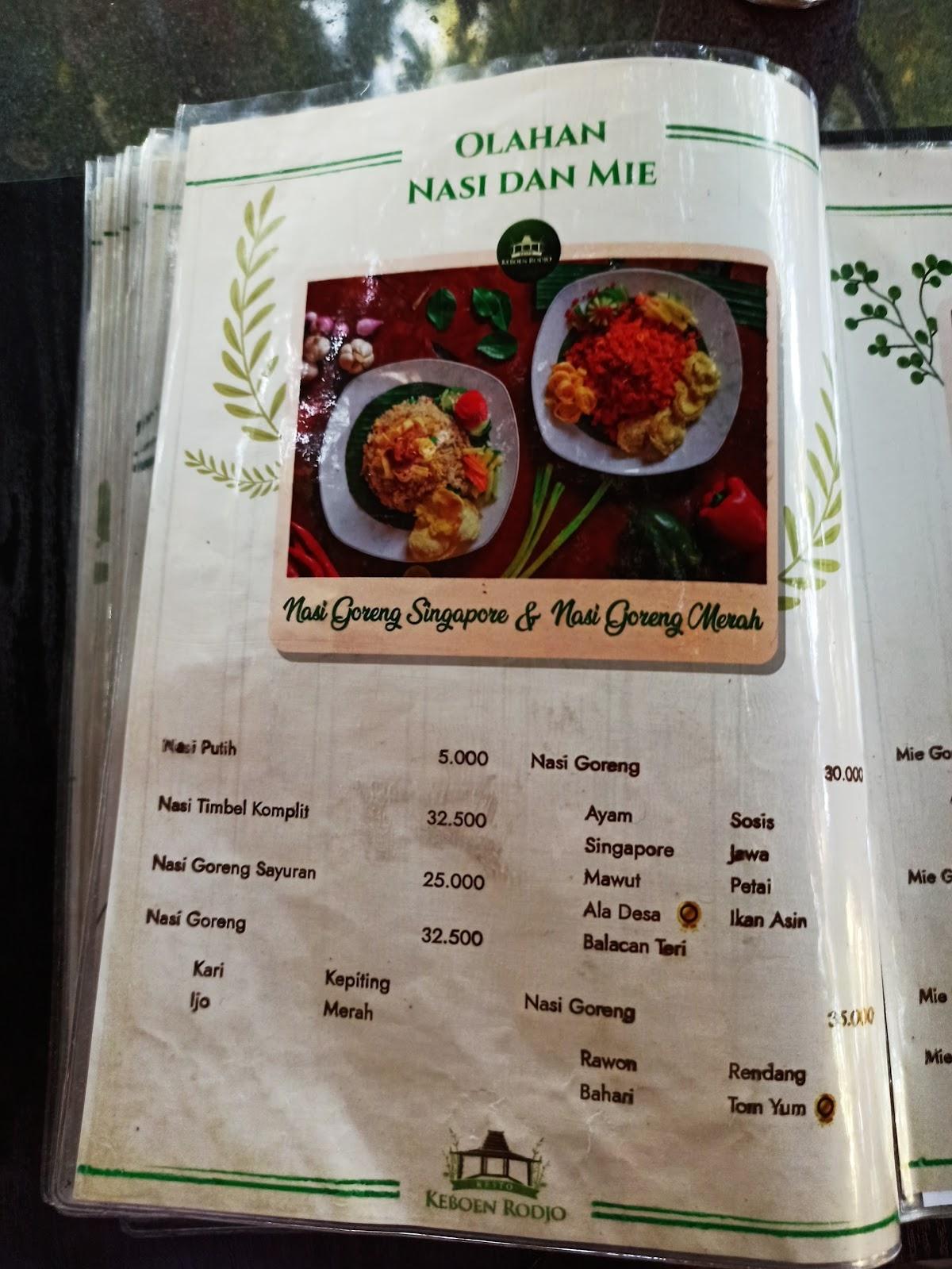 Menu at Kebon Rodjo restaurant, Kediri