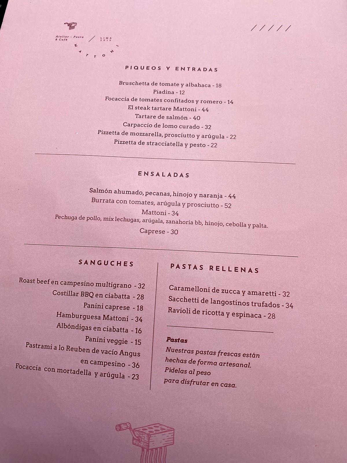Carta del restaurante Mattoni, Miraflores