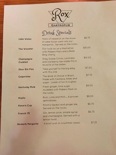 Menu at Rox Gastropub, Wooster