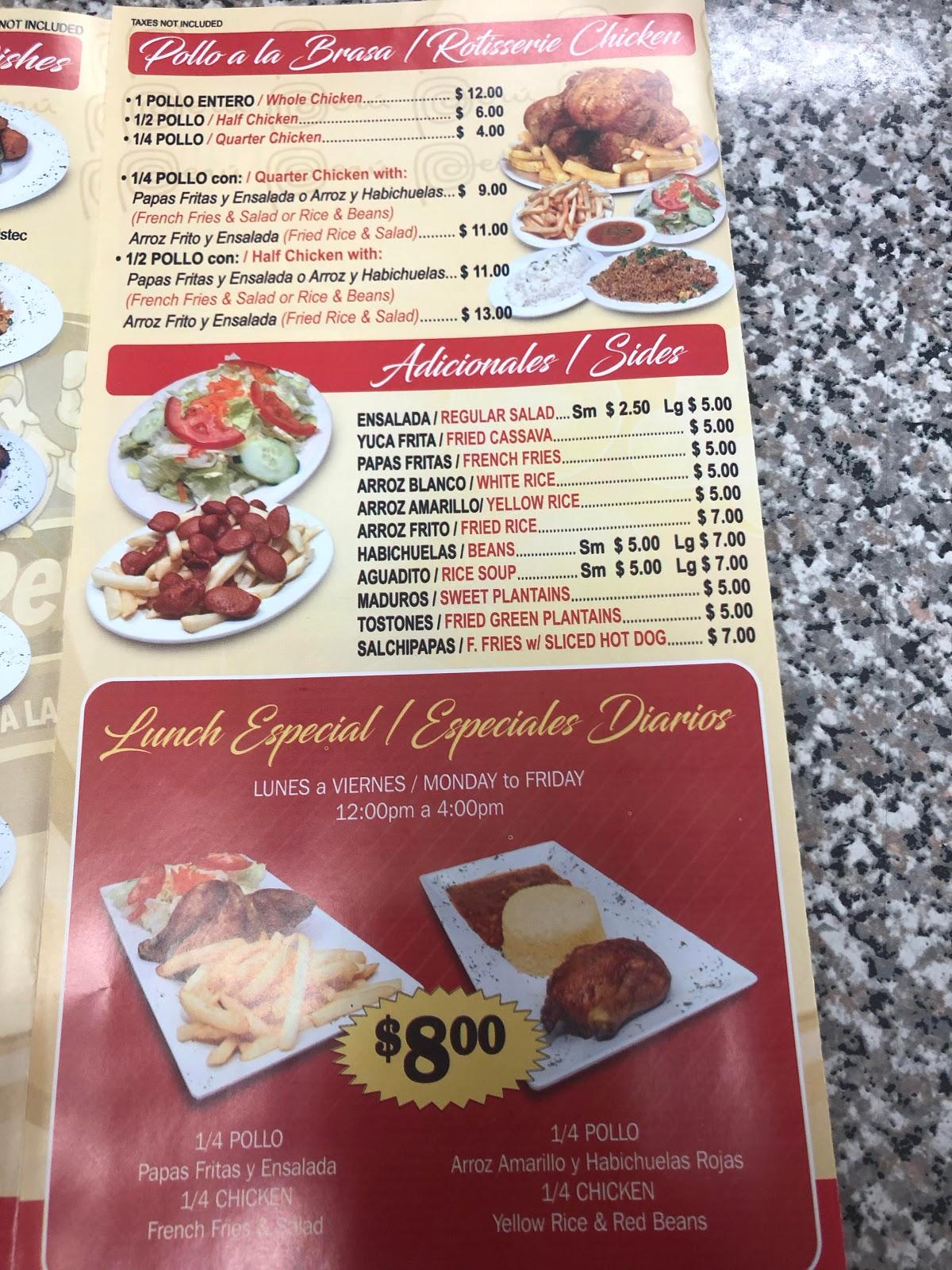 Carta del restaurante Sabor Peruano, Nueva York, 98-53 Corona Ave.