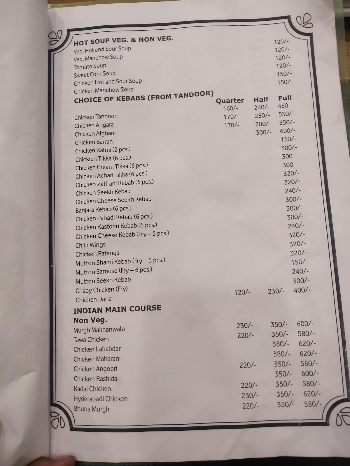 Menu at Shadab's Kebabs, Jodhpur