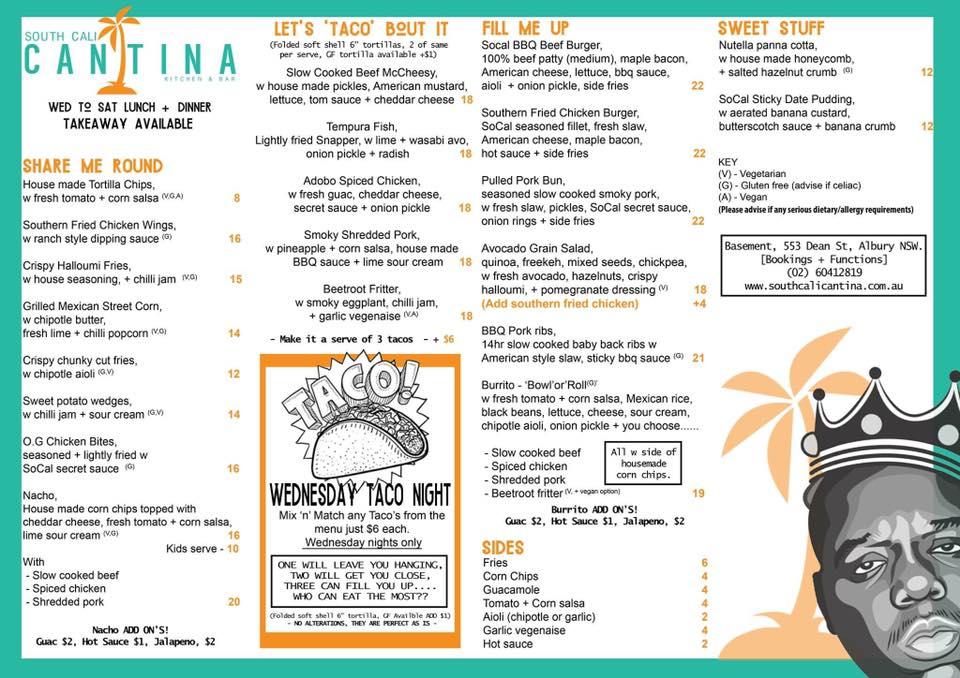Menu at South Cali Cantina Albury pub & bar, Albury