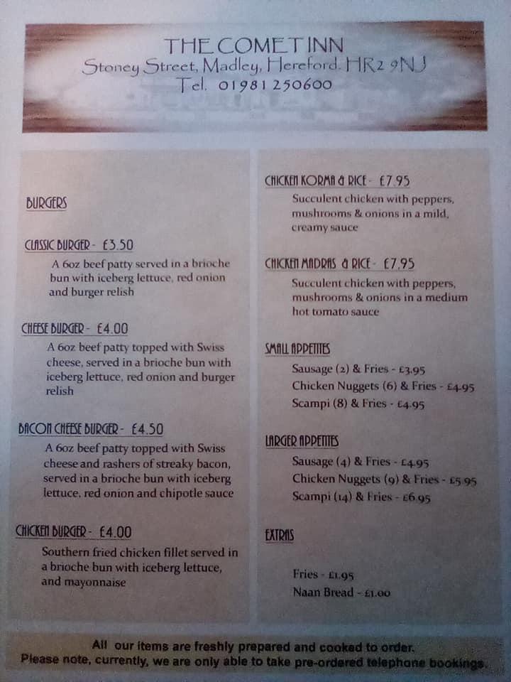 Menu at The Comet Inn pub & bar, Clehonger, 1 Stoney Street Cottages