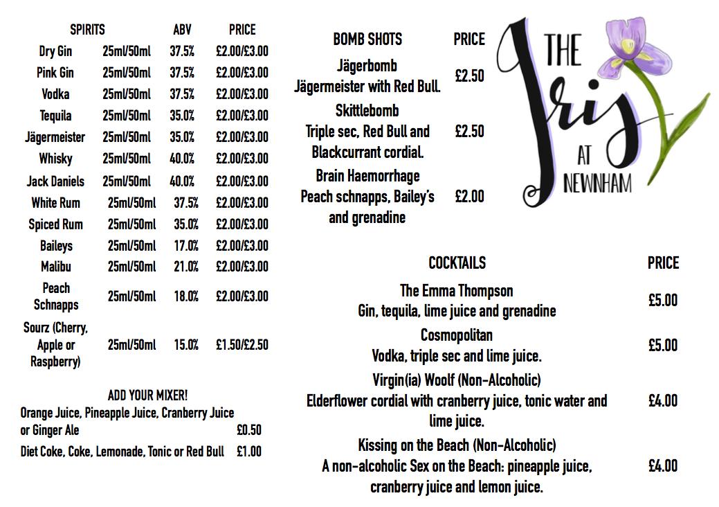 Menu at The Iris Bar, Cambridge