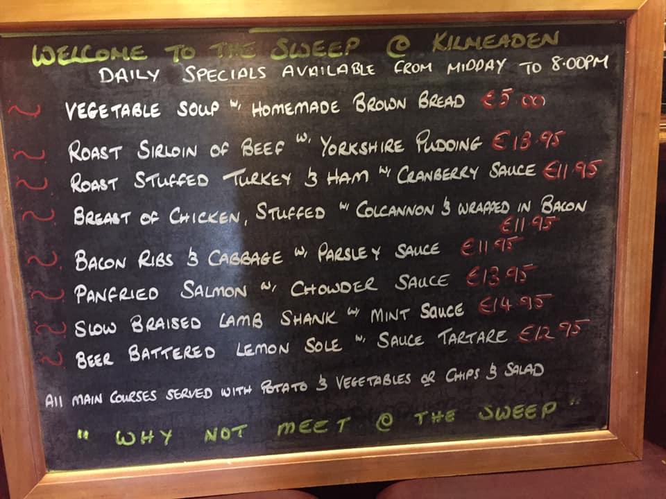 Menu at The Sweep Bar, Ireland