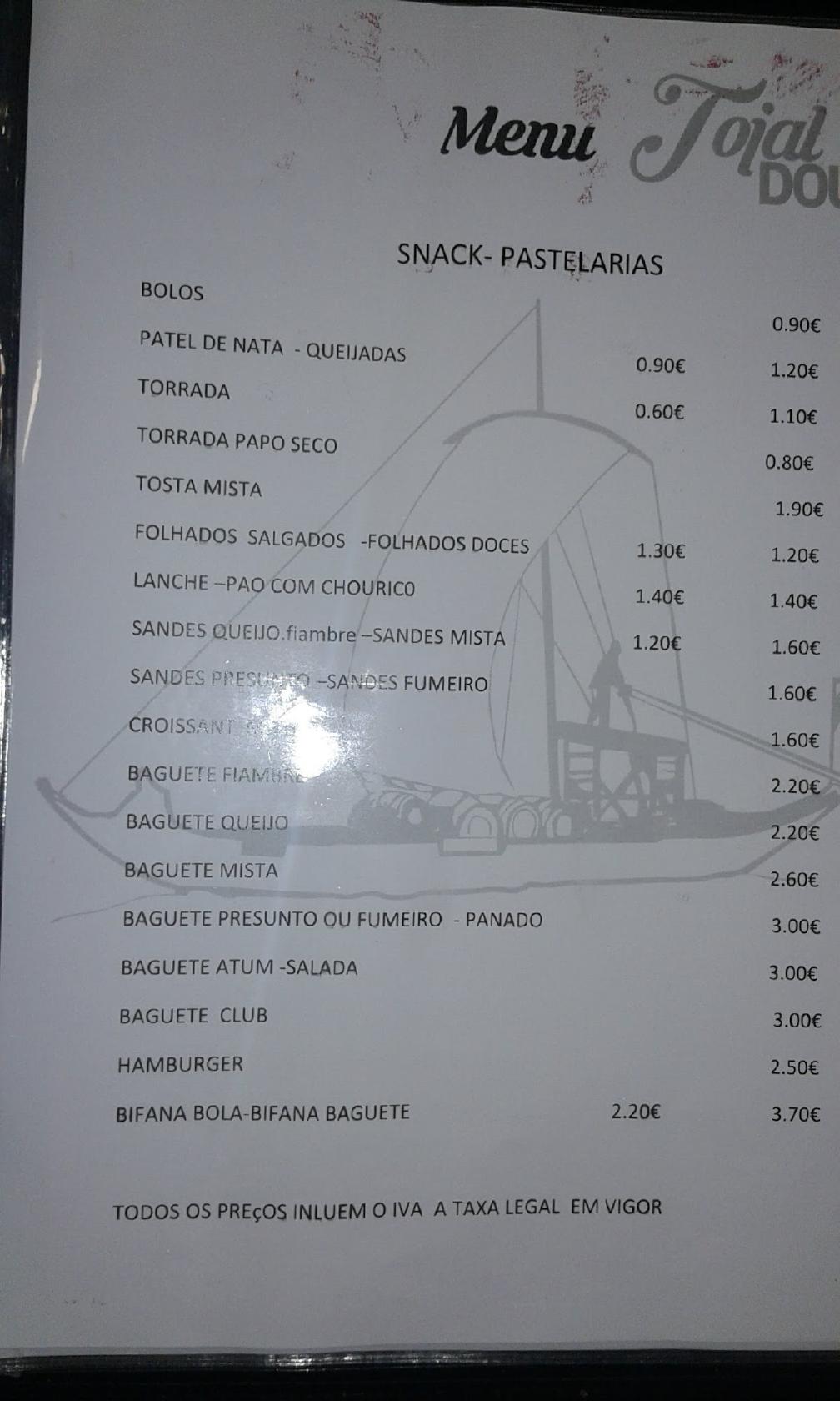 Menu at Tojal Douro restaurant, Portugal
