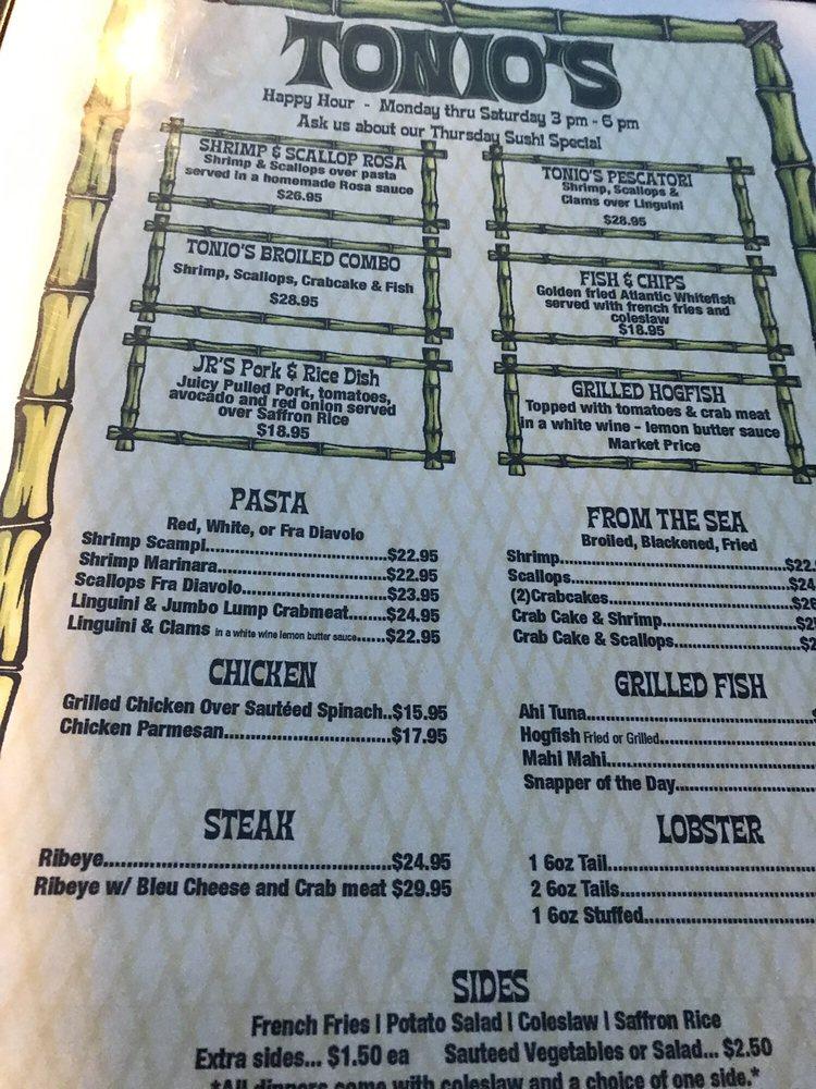 Menu at Tonio's Seafood Shack & Tiki Bar, Summerland Key