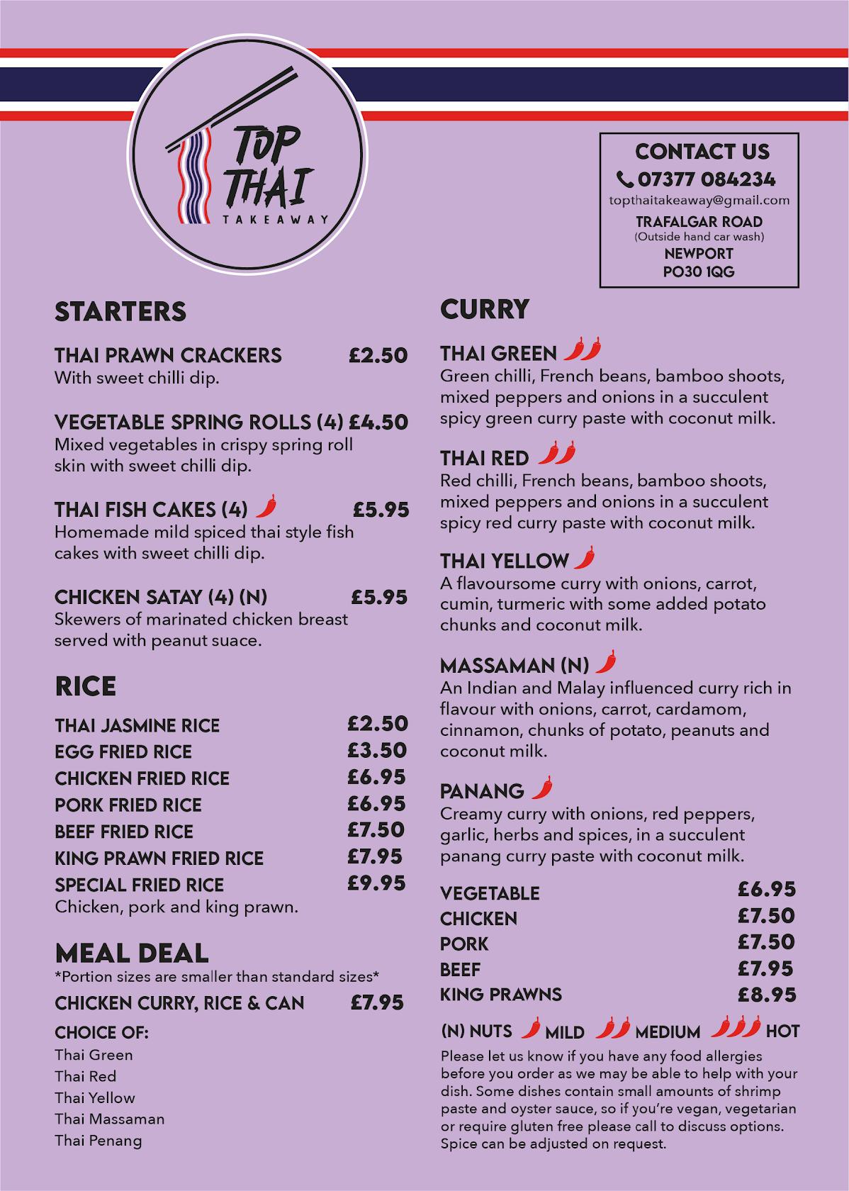 Menu at Top Thai Takeaway restaurant, Newport