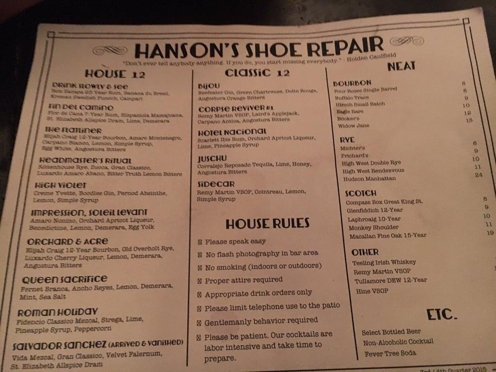 Menu at Hanson's Shoe Repair pub & bar, Orlando