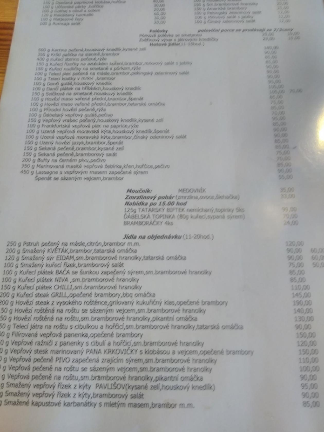 Carta de Restaurant U Dvora, Hradec Kralove