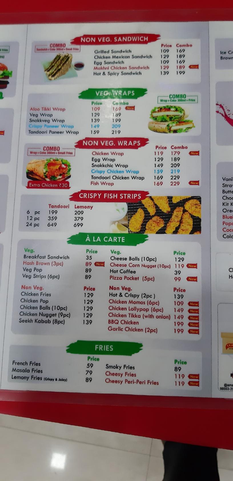 Menu at Snakkers, Bagha Purana