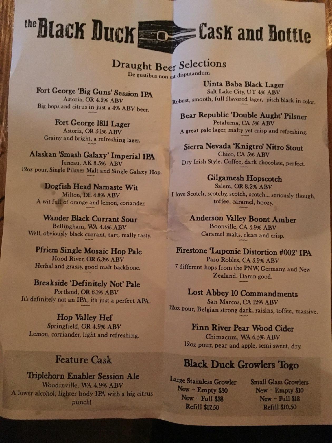 Menu at The Black Duck Cask and Bottle pub & bar, Issaquah