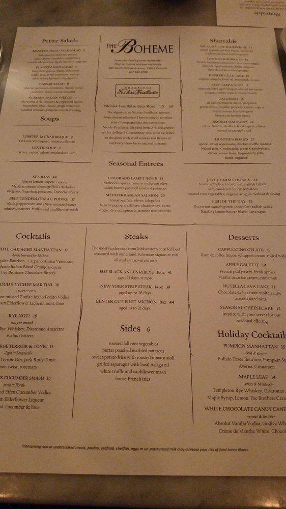 Menu at The Boheme pub & bar, Orlando, Grand Bohemian Hotel Orlando