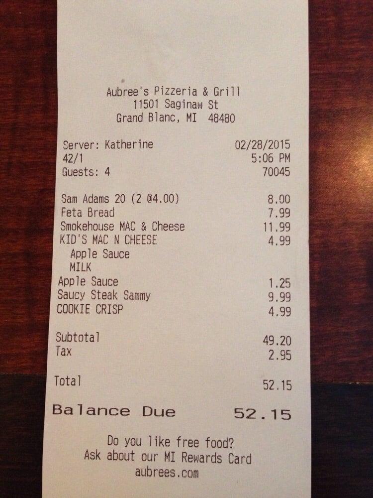 Menu at Aubree's Pizza pizzeria, Grand Blanc