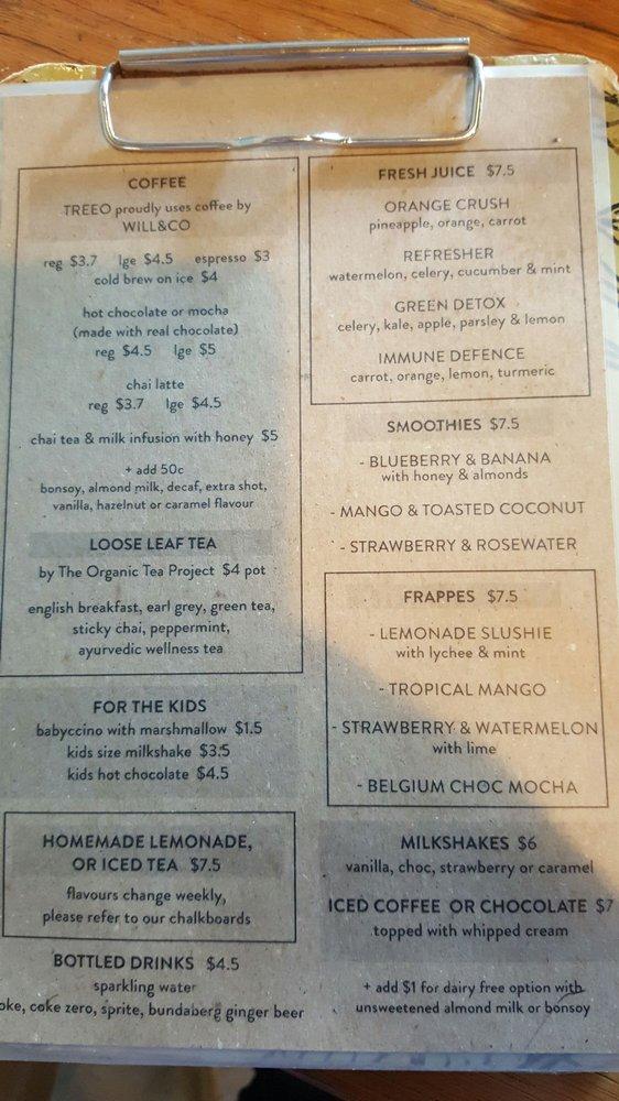 Menu at Cafe Treeo, Sawtell