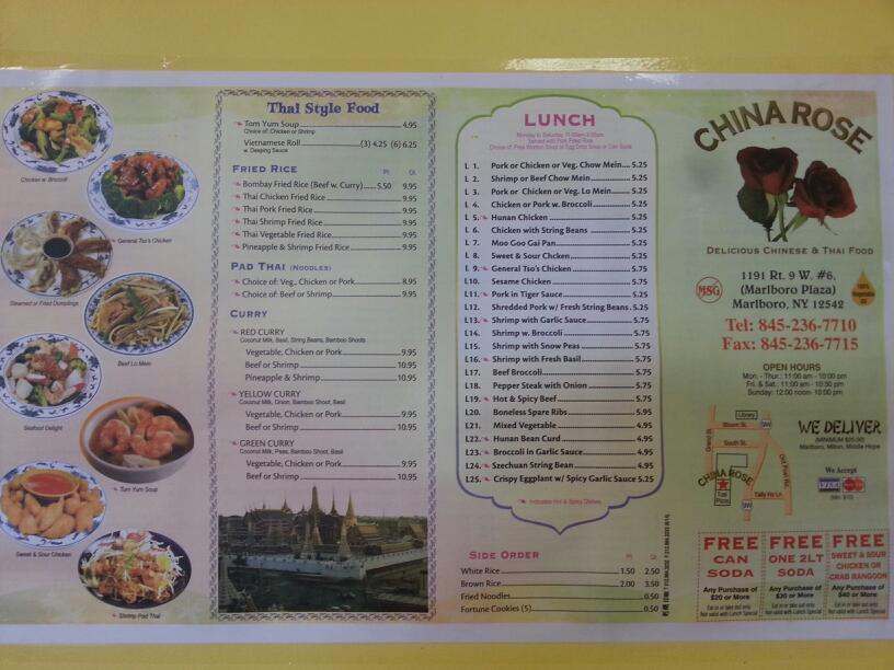 Menu at China Rose restaurant, Marlboro