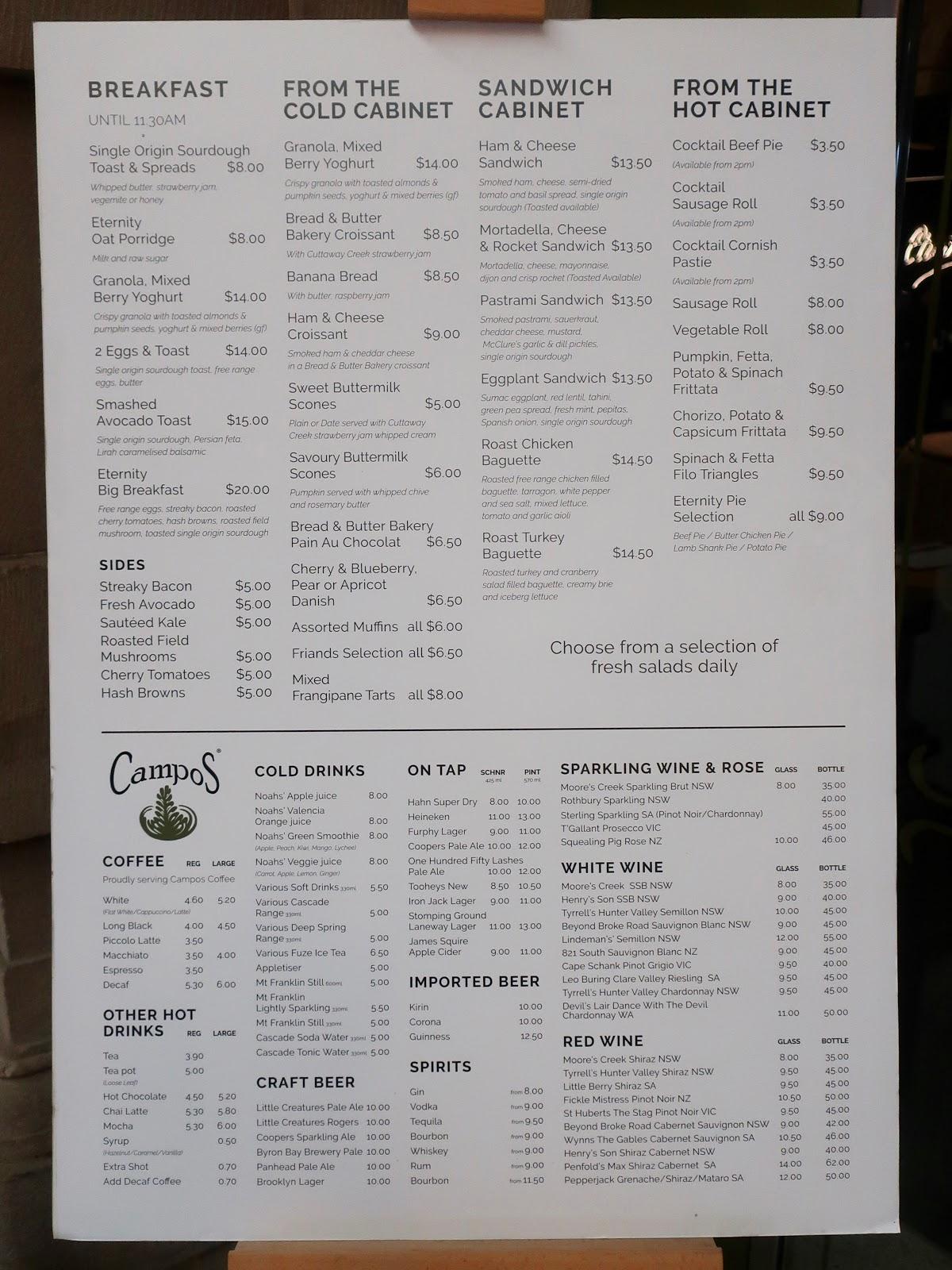 Menu at Eternity Bar and Grill, Haymarket