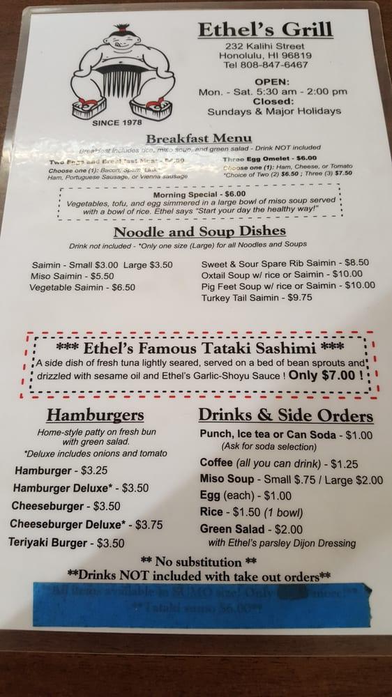 Menu at Ethel's Grill restaurant, Honolulu