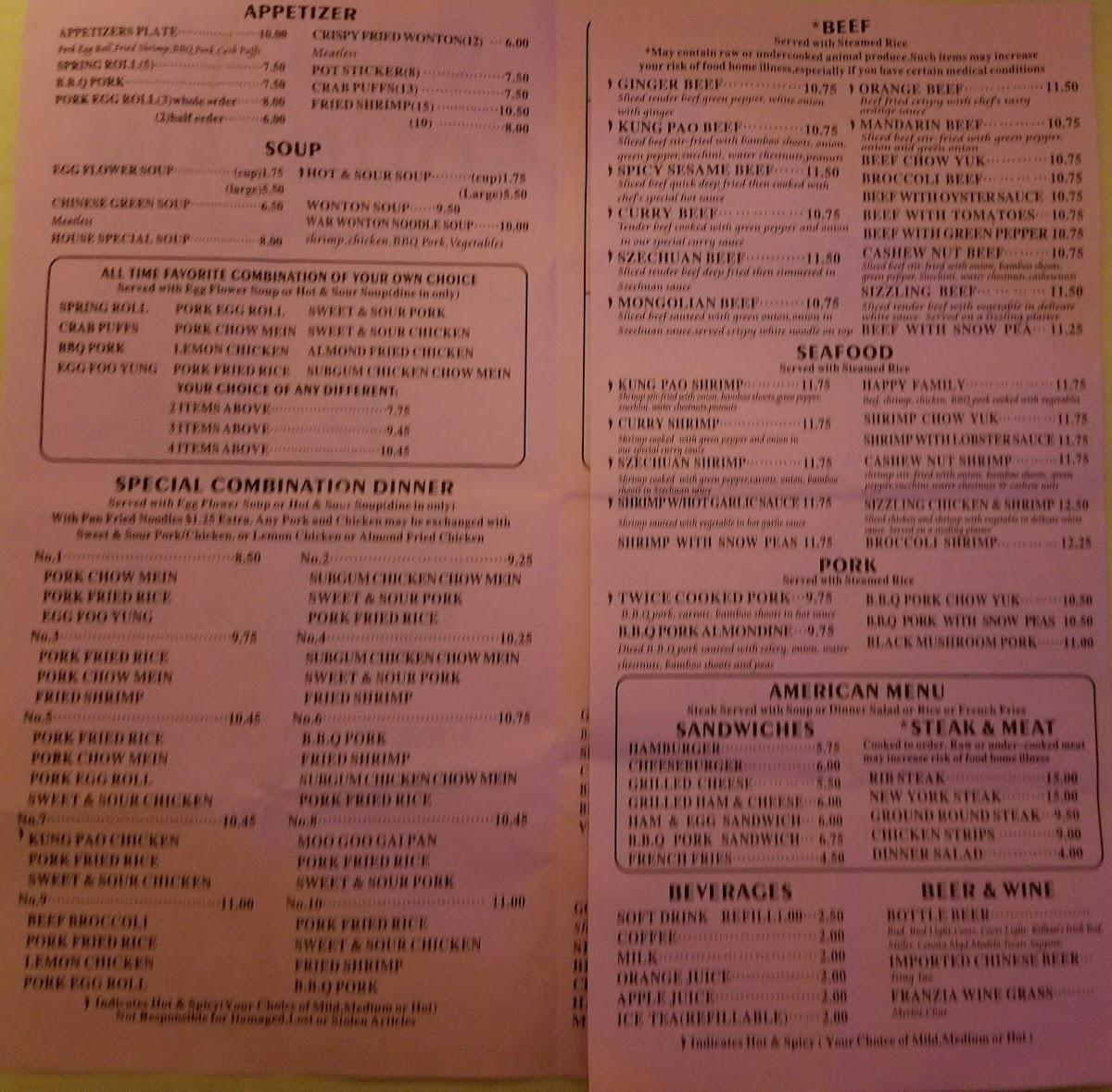 Menu at Golden Fountain Restaurant, Othello