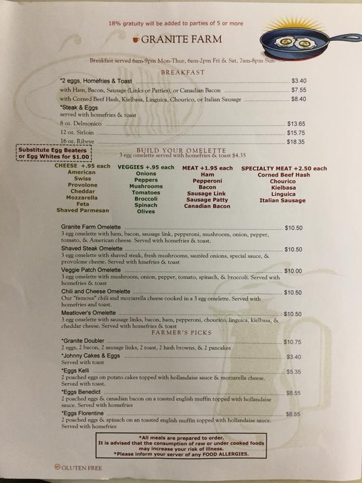 Menu at Granite Farm restaurant, Scituate