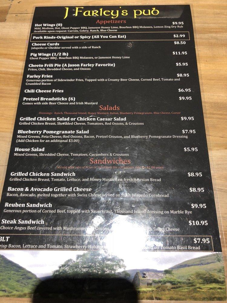 Menu at J Farley's pub & bar, Claremore