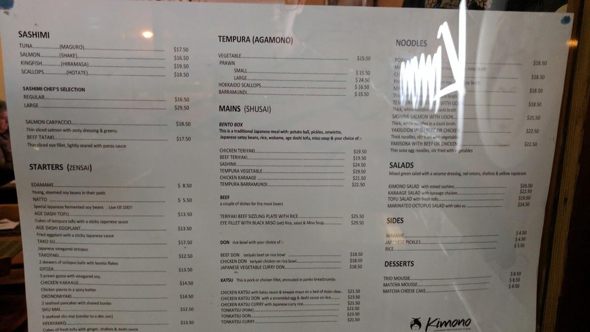 Menu at Kimono restaurant, Sawtell