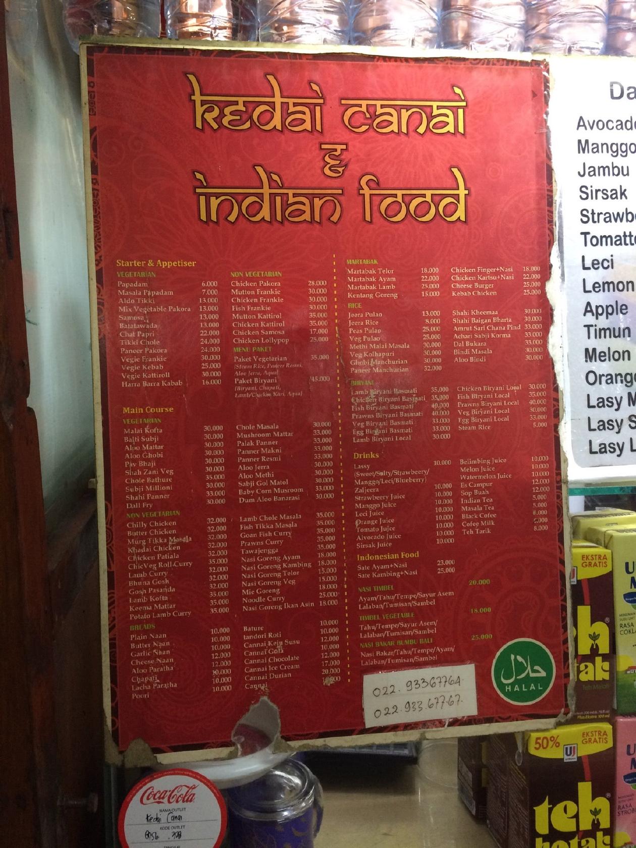 Menu at Kedai canai & Indian food restaurant, Bandung