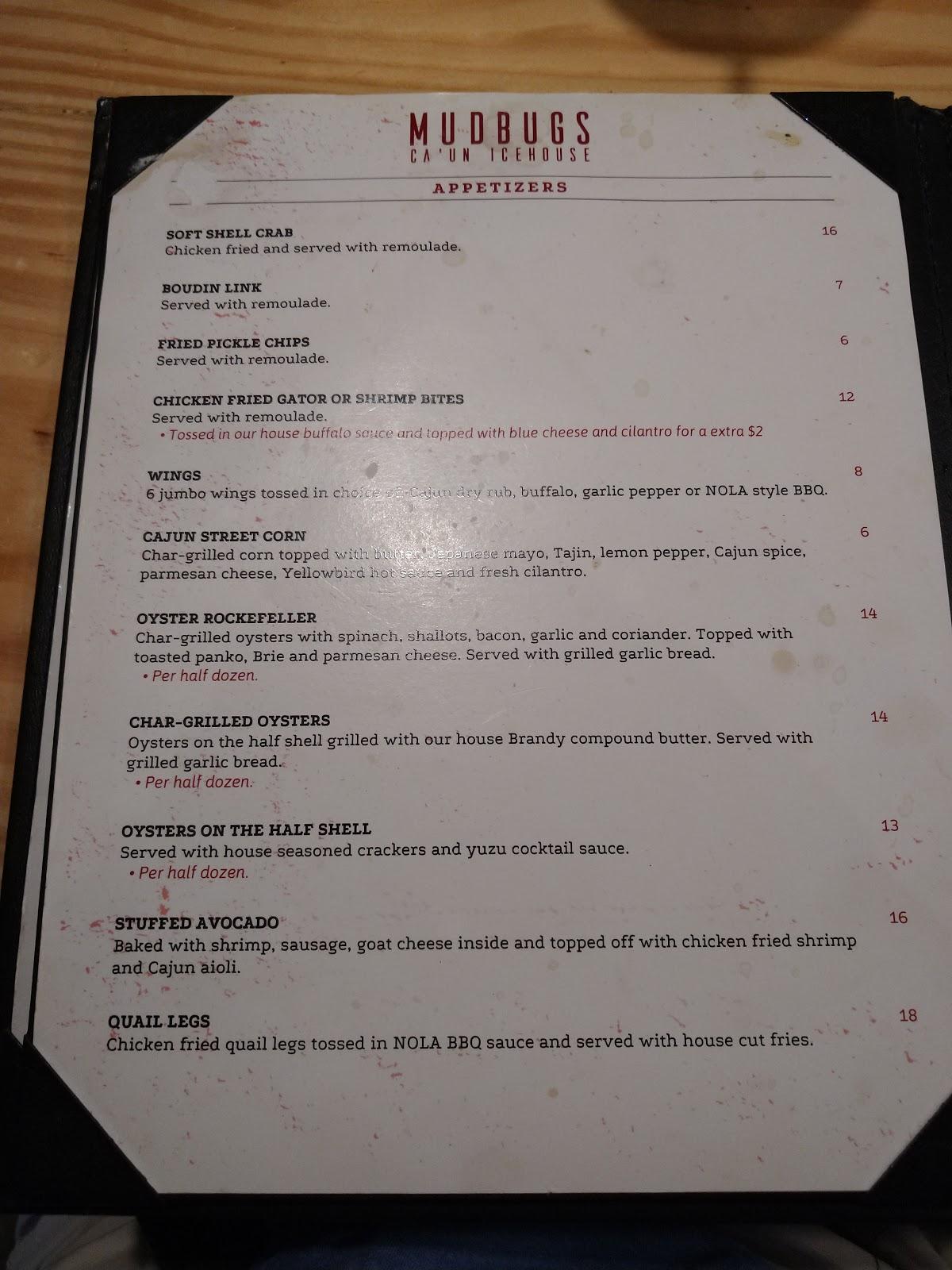 Menu at Mudbugs Cajun Icehouse pub & bar, Corpus Christi