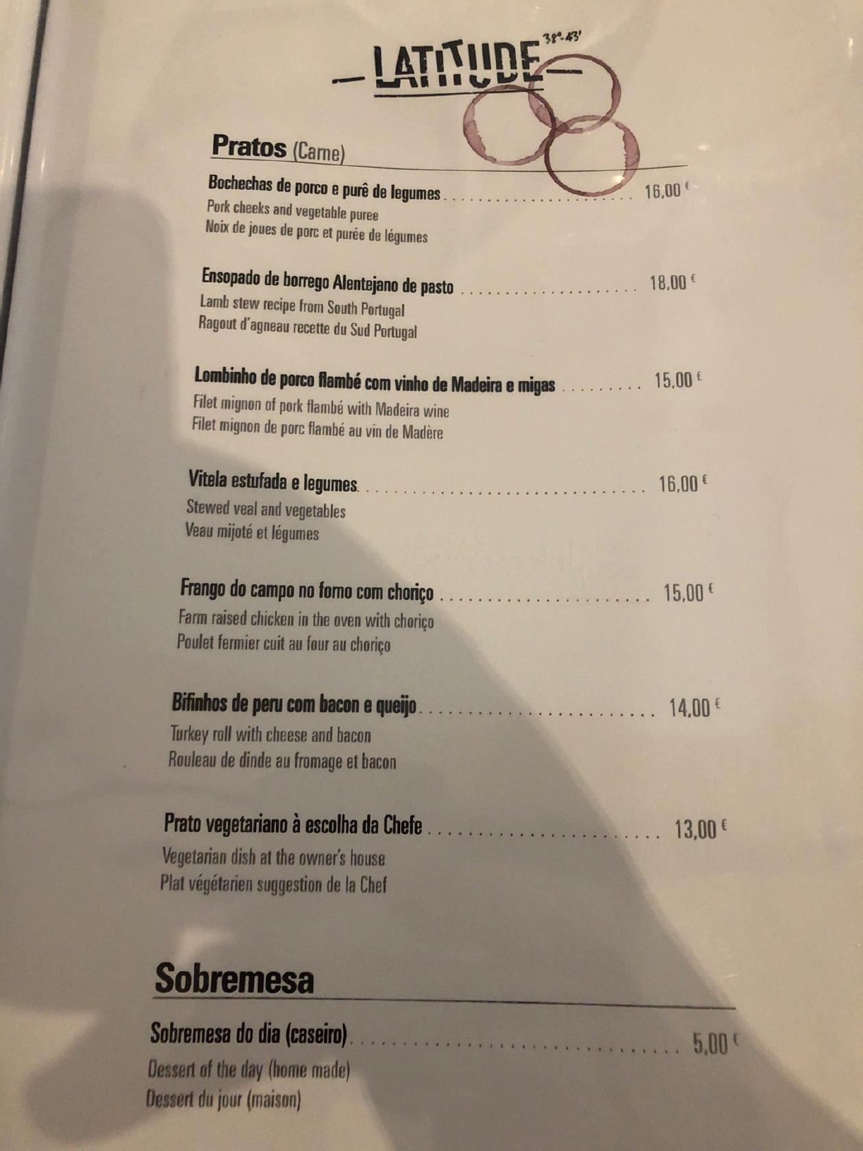 Menu at Restaurant Latitude 38º43', Lisbon