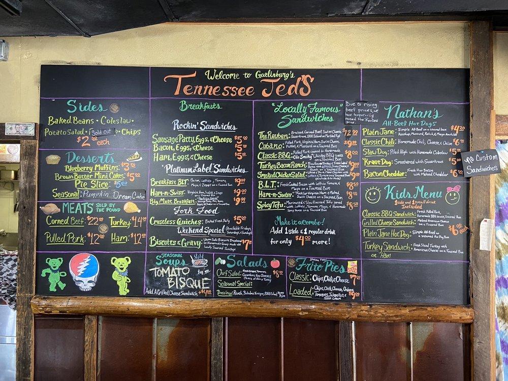 Menu at TENNESSEE JED'S cafe, Gatlinburg